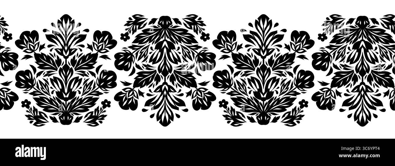 Vector seamless borders with black silhouette of flowers. Rich frieze ...