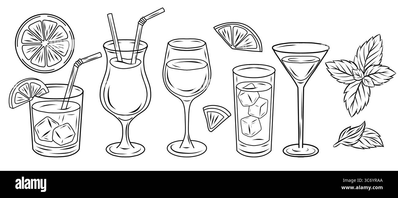 Vector set of sketches of cocktails in different glasses and additives ...