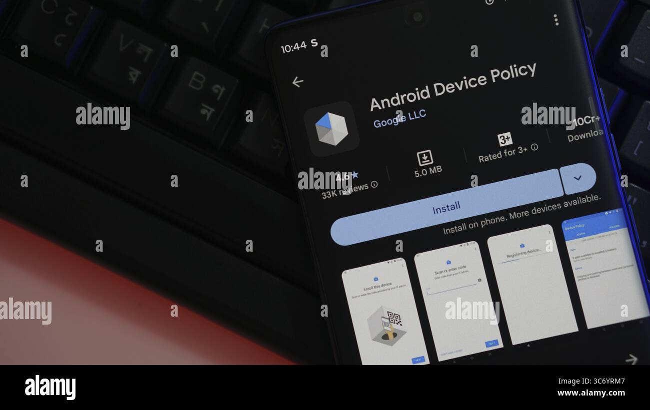 Smartphone app store screen displaying Android Device Policy ready to ...