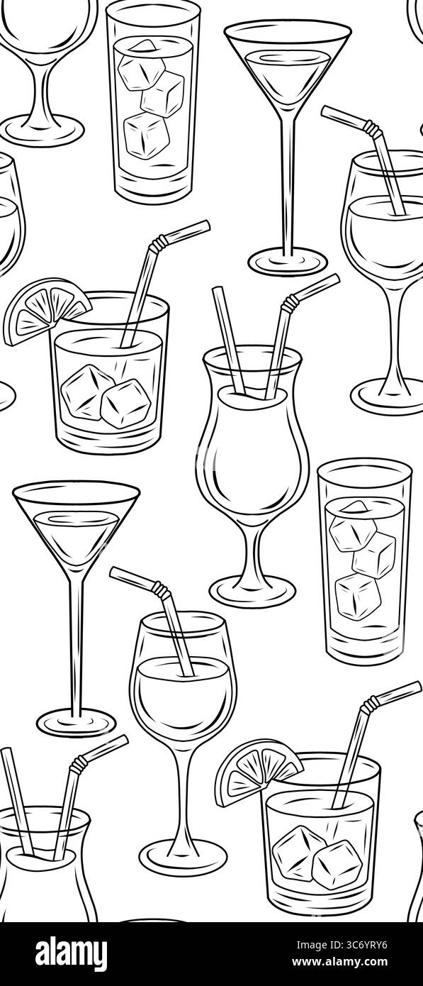 Vector seamless pattern with sketches of cocktails in different glasses ...