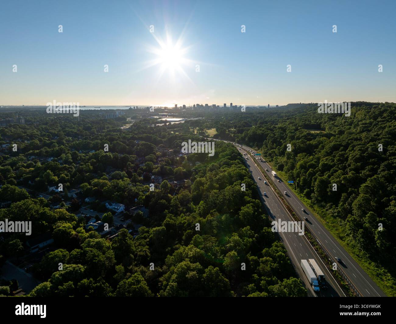 An aerial view above Highway 403 on the Hamilton mountain on sunny ...