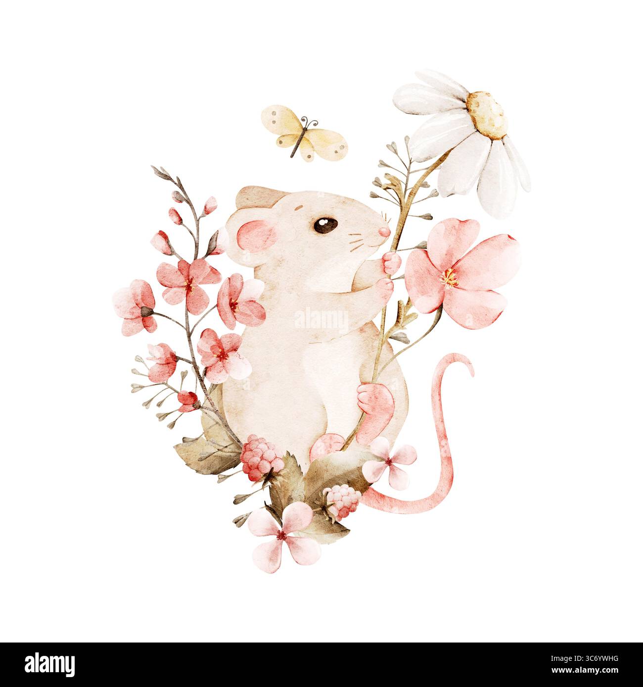 Cute field mouse with wild flowers, berries and meadow plants ...