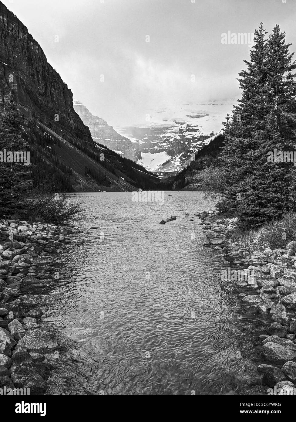 Calm river flowing between mountains with dense forest lining the banks ...