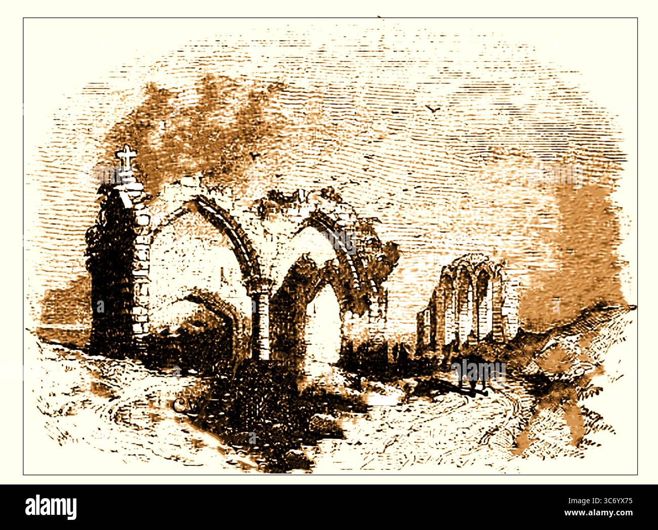 An image taken from an old engraving showing Sockburn Church ruins ...