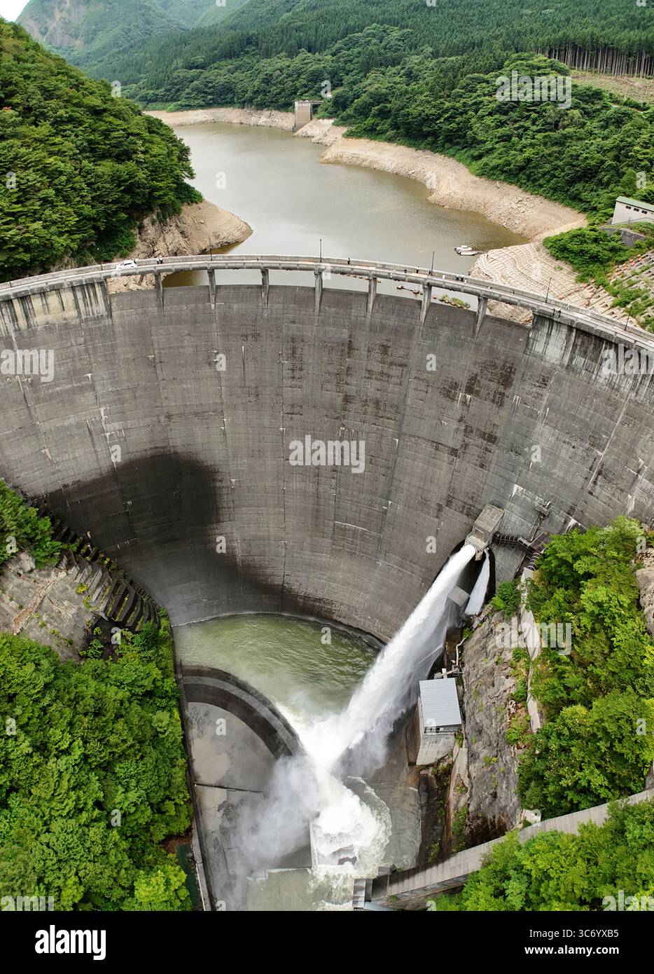 A photo shows Naruko Dam which the water level reached 0% in Osaki City ...