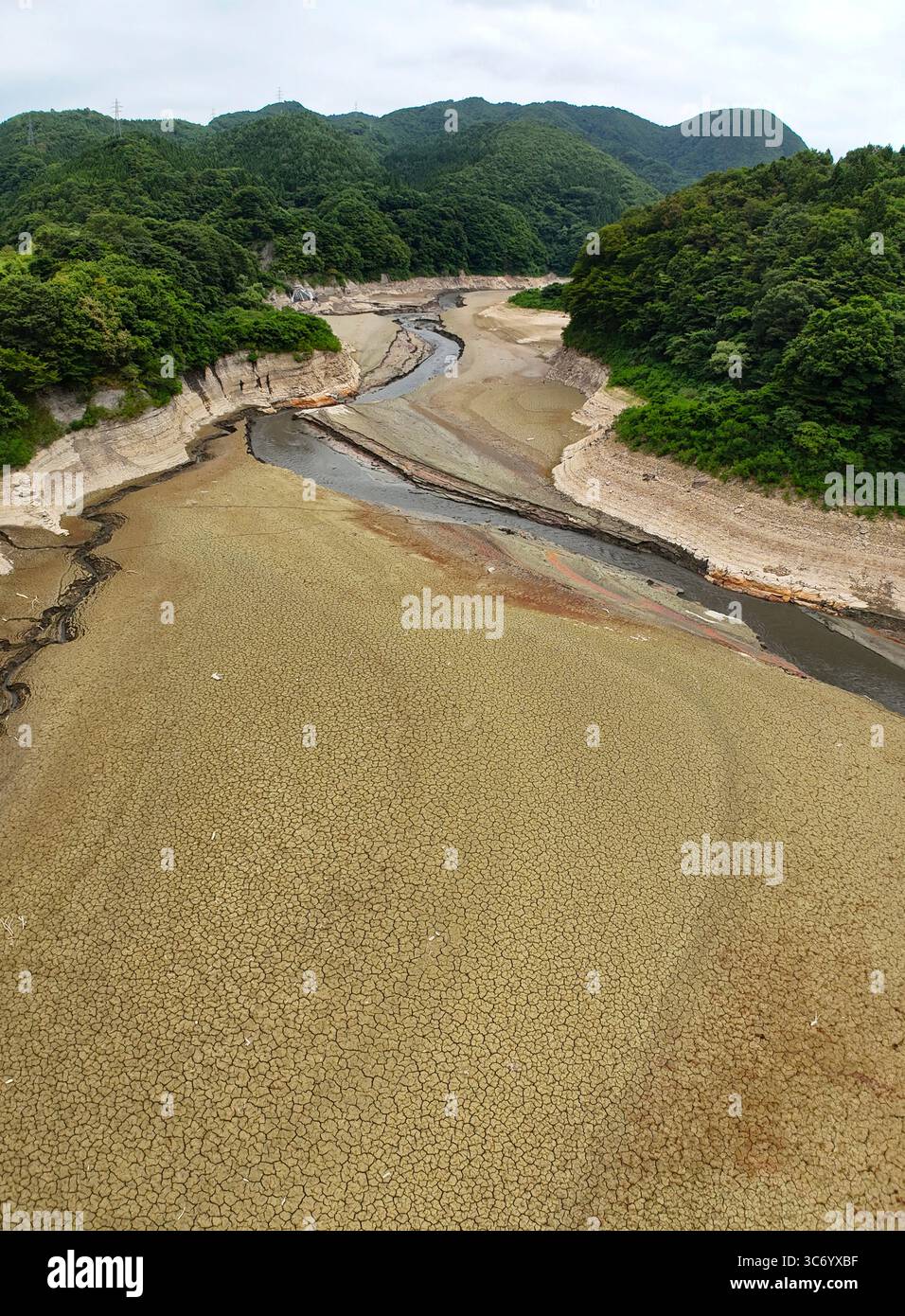 A photo shows Naruko Dam which the water level reached 0% in Osaki City ...
