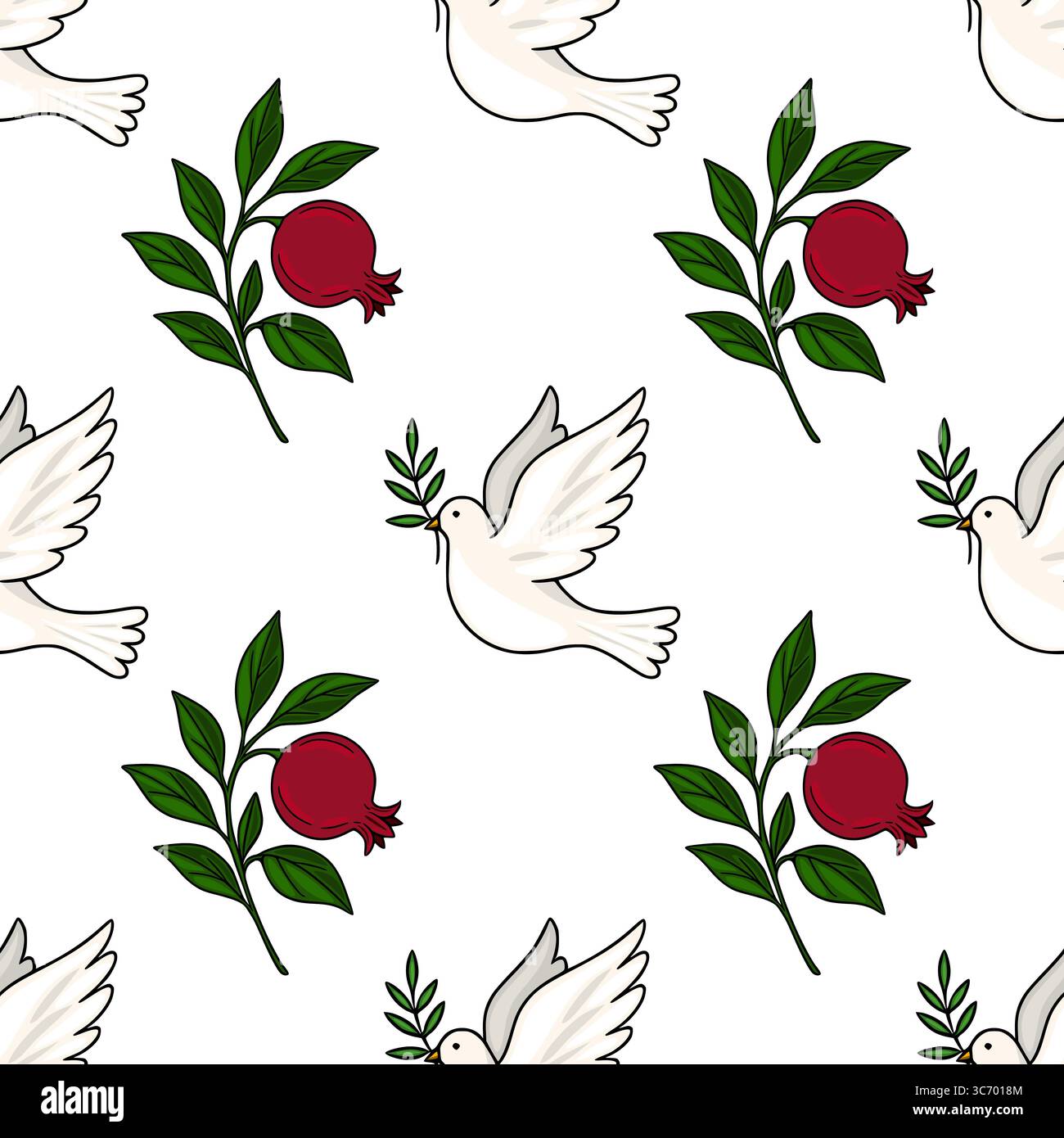 Seamless vector pattern featuring white doves carrying olive branches ...