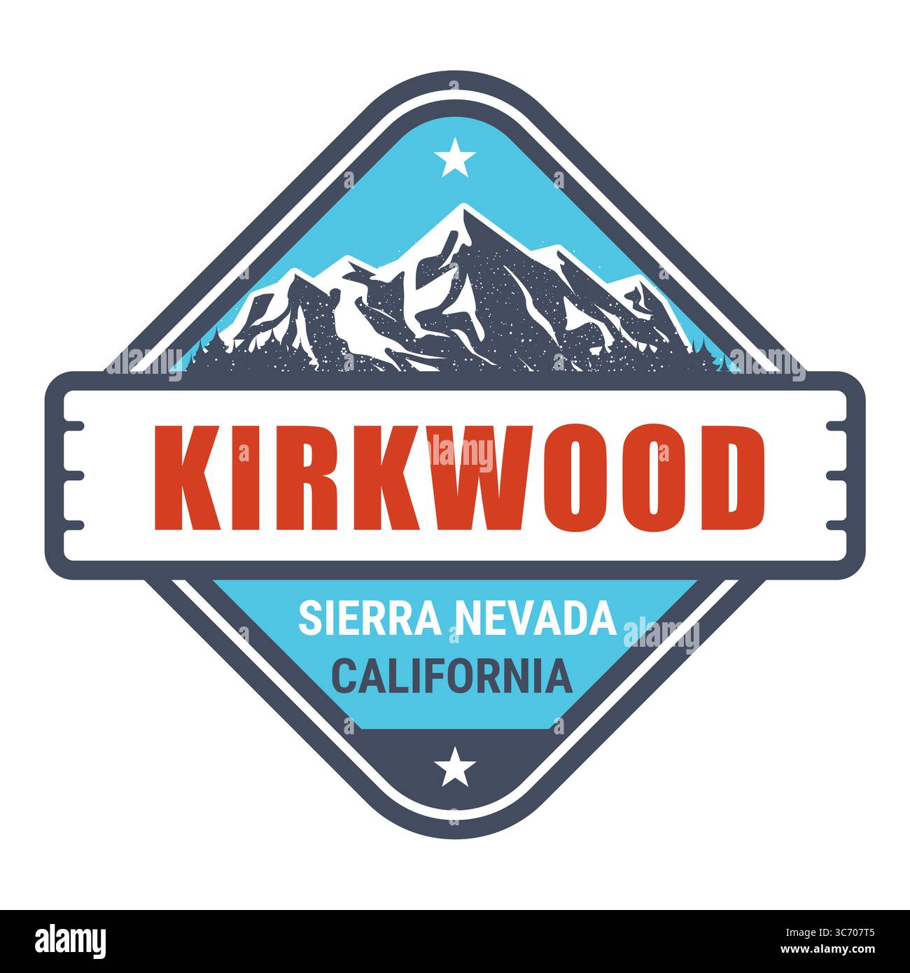 Kirkwood ski resort, California stamp, emblem with snow covered Sierra ...