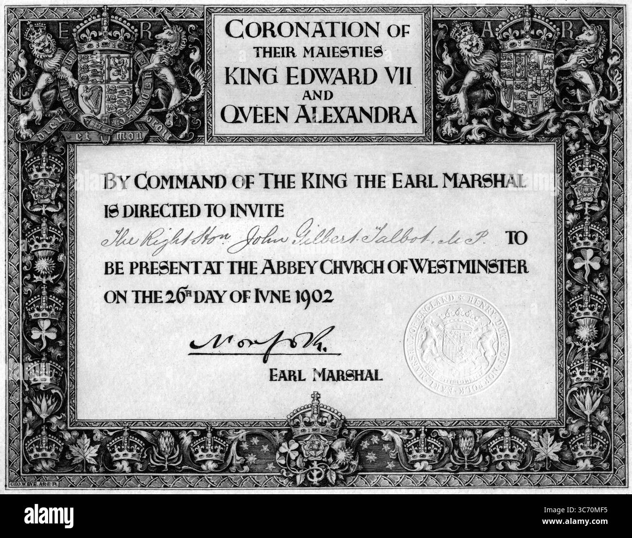 An invitation for John Gilbert Talbot for the Coronation of their ...