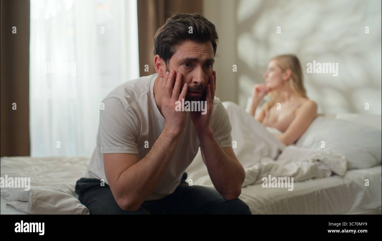 Sad Caucasian man suffering boyfriend girlfriend thinking conflict ...