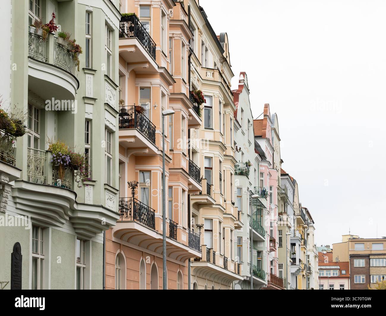 Colorful old building facades in the city of Prague, Czechia. Exteriors ...