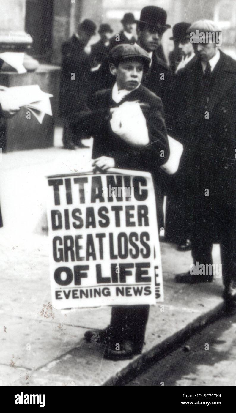 A newspaper boy spreads the news of the sinking of the Titanic to ...
