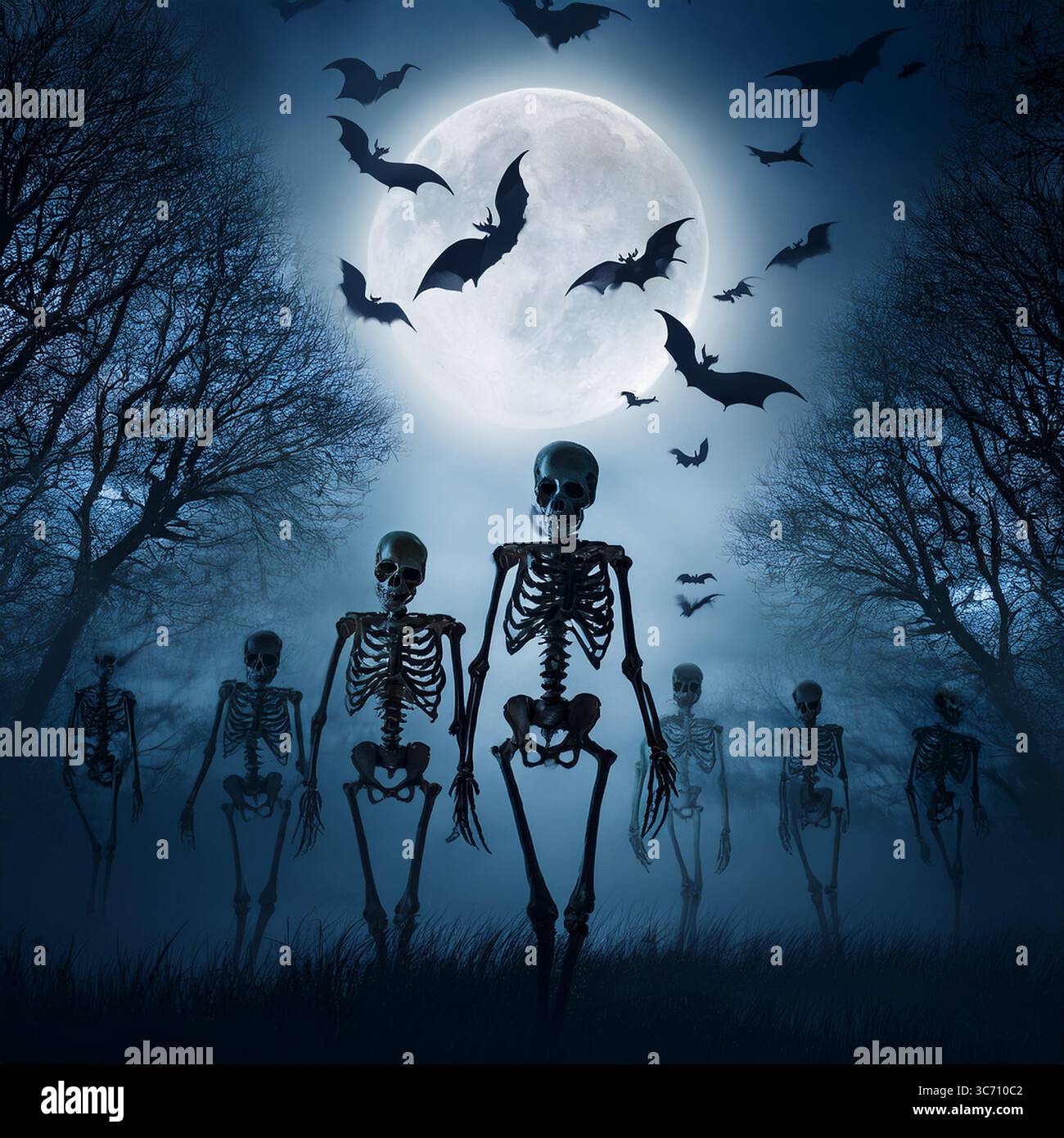 Scary skeletons walking in a misty forest under a full moon with bats ...