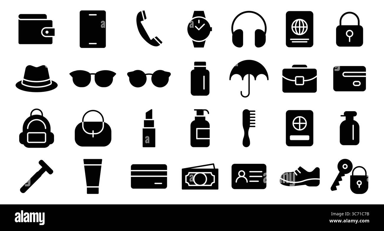A diverse set of minimalist black icons featuring everyday objects and ...