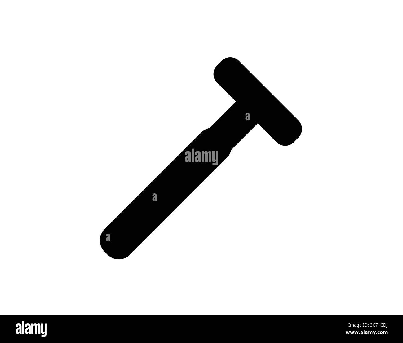 This image features a black silhouette of a hammer tool on a white ...