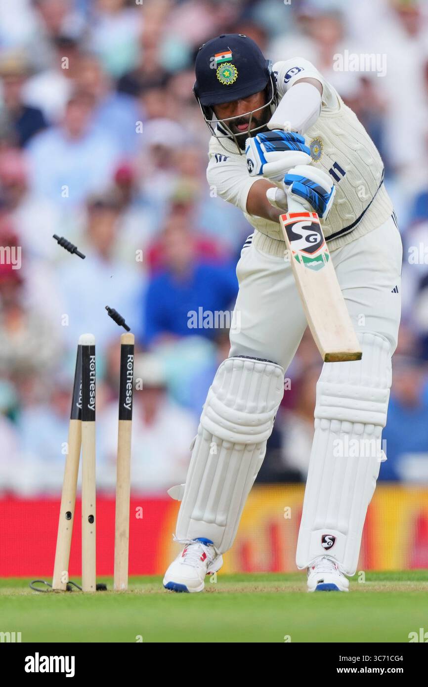 India's Mohammed Siraj bowled out by England's Gus Atkinson during the ...