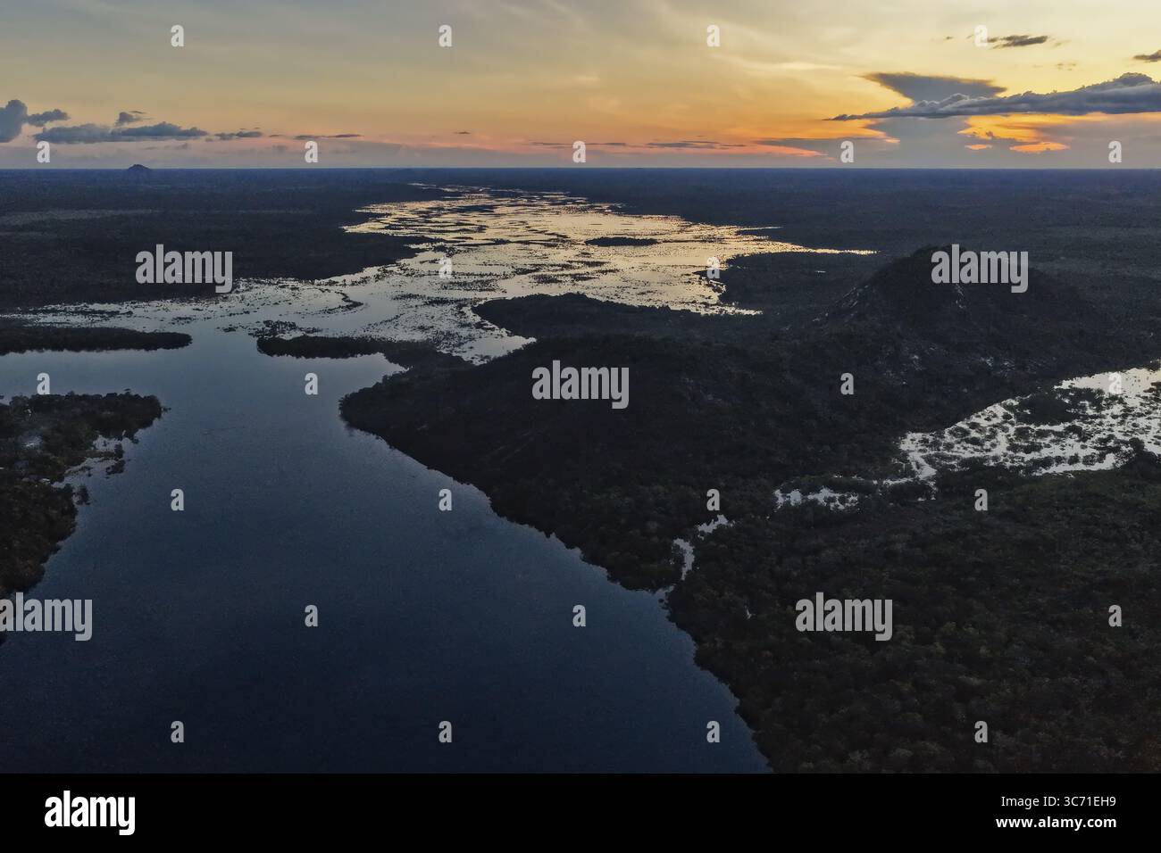 Aerial view of the dark river mirroring the dusky sky, weaving through ...