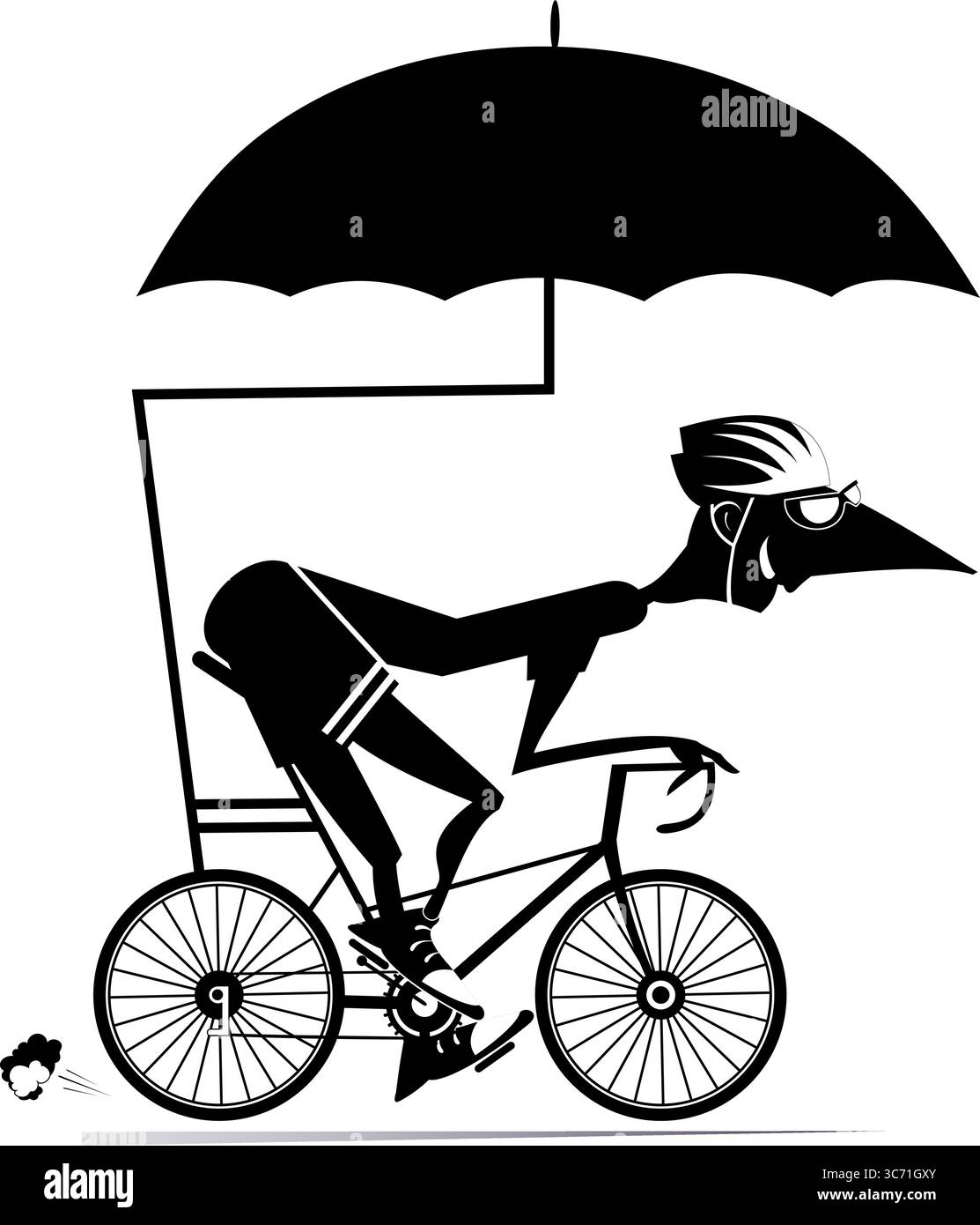 Cartoon man rides a bike under an umbrella. Smiling man in helmet rides ...