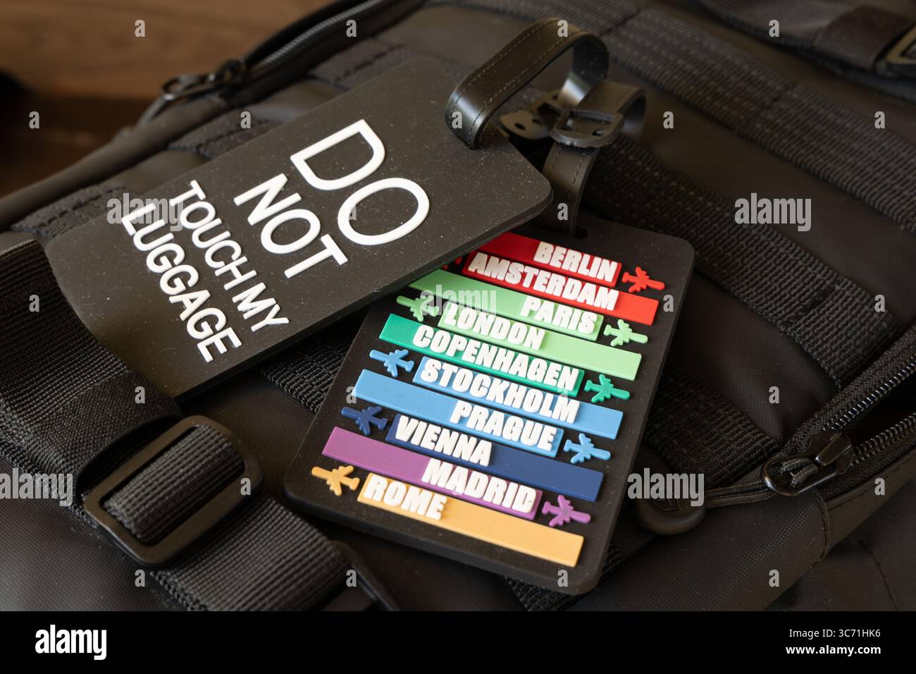 Information sign attached to airplane hand luggage, sign with the names ...