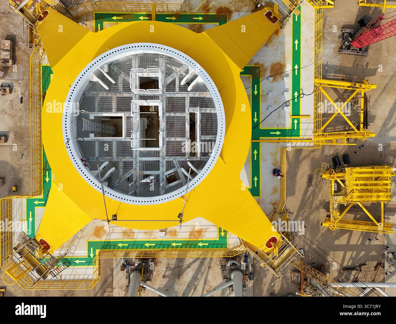 A large-scale offshore wind turbine jacket is under construction ...