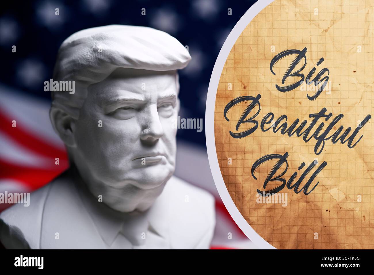 FOTOMONTAGE, Büste von US-Präsident Donald Trump und Zettel mit ...