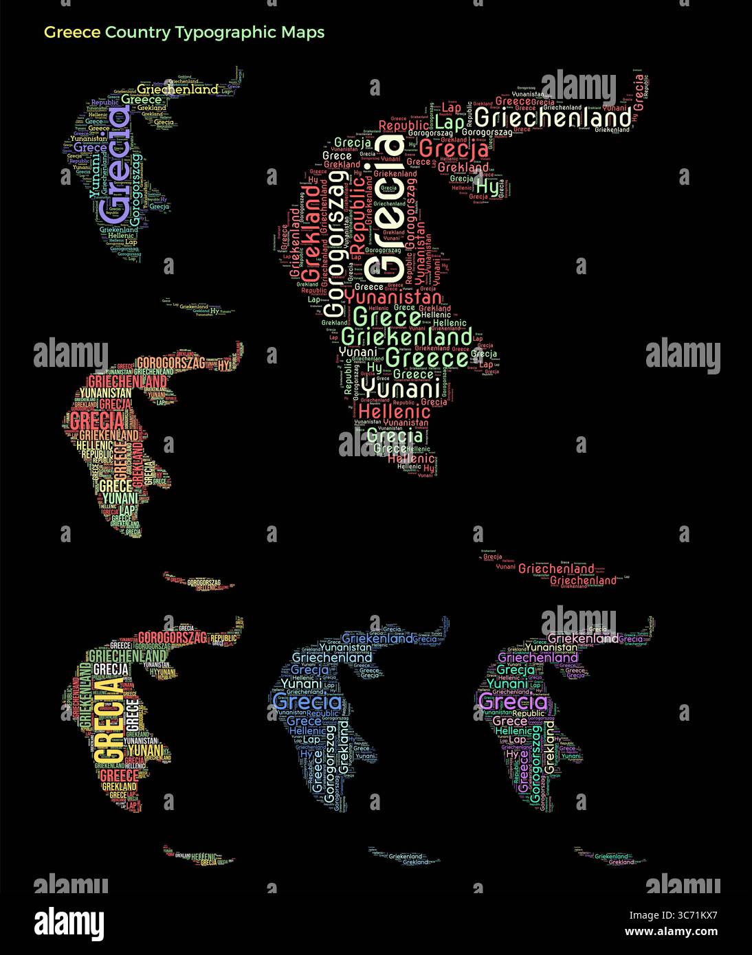 Greece. Set of typography style country illustrations. Greece map shape ...