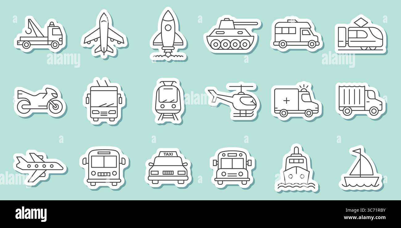 Transport sticker icon set in line stroke flat style. Transportation ...