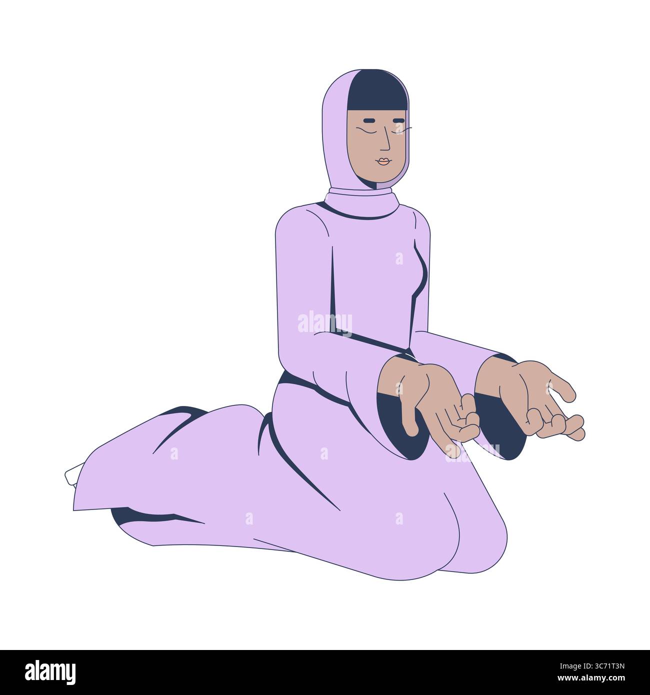 Muslim woman in purple hijab and modest dress kneeling with hands open ...