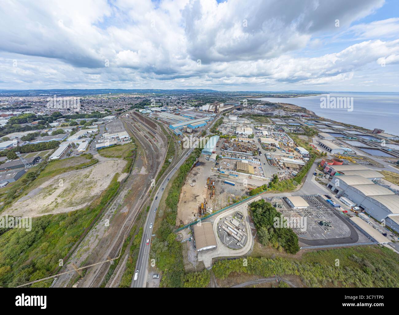 Aerial drone view of Rover Way, Tremorfa, Cardiff, showing Celsa ...