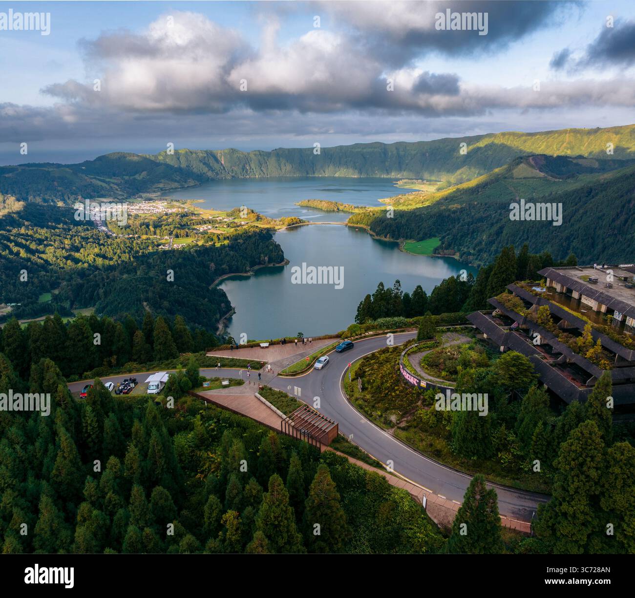 Aerial view of the twin lakes nestled within a volcanic crater ...