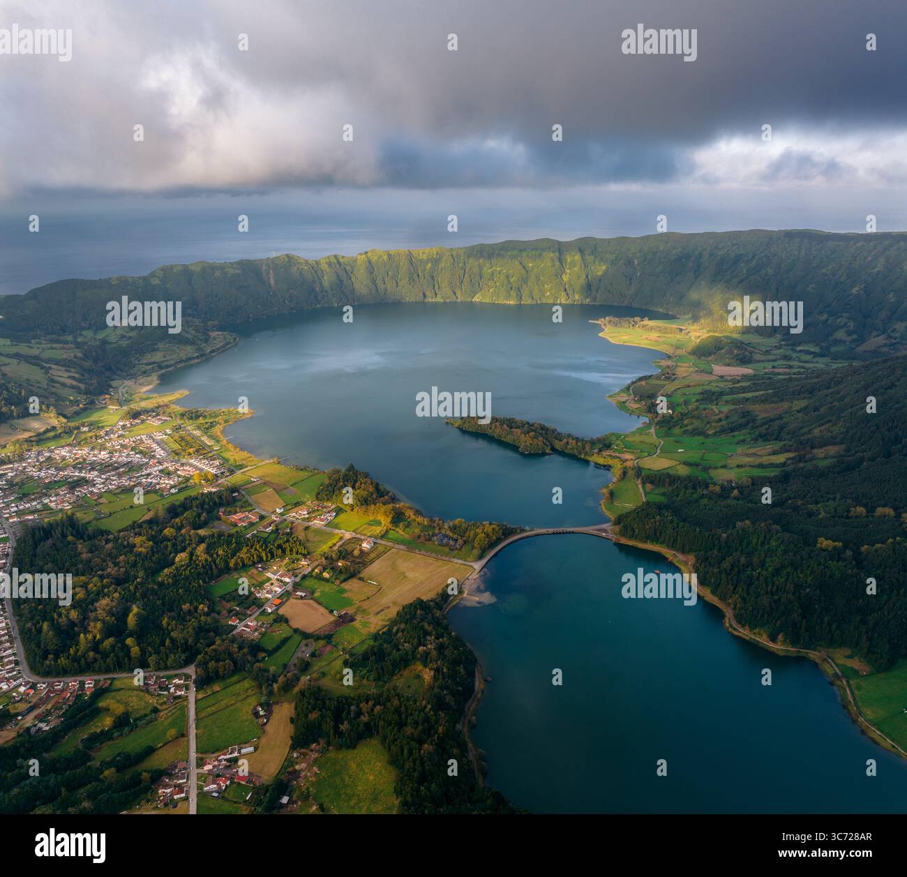 Aerial view of the twin lakes, one emerald green and the other sapphire ...