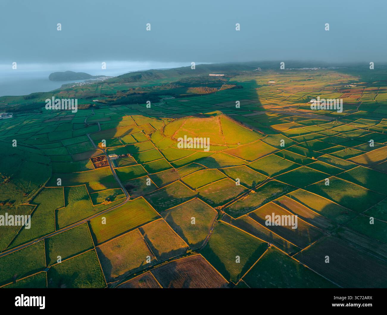 Aerial view of the geodésico landscape, where fields cast long shadows ...
