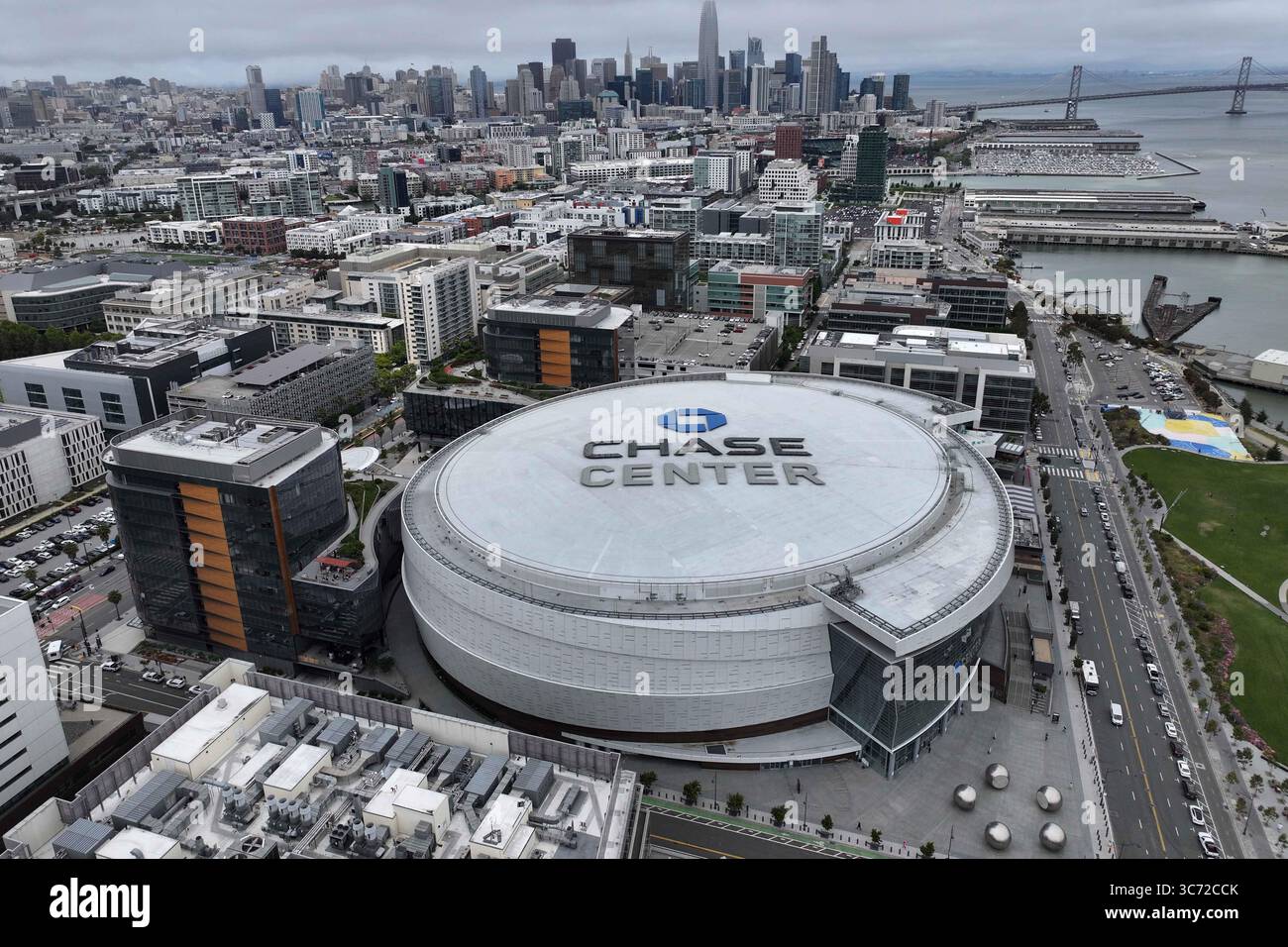 An aerial view of the Chase Center, Tuesday, June 24, 2025, in San ...
