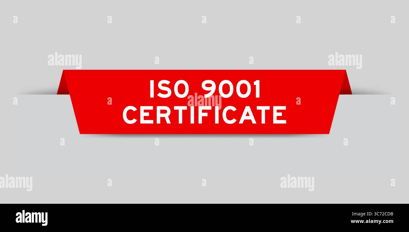 Red color inserted label with word ISO 9001 certificate on gray ...