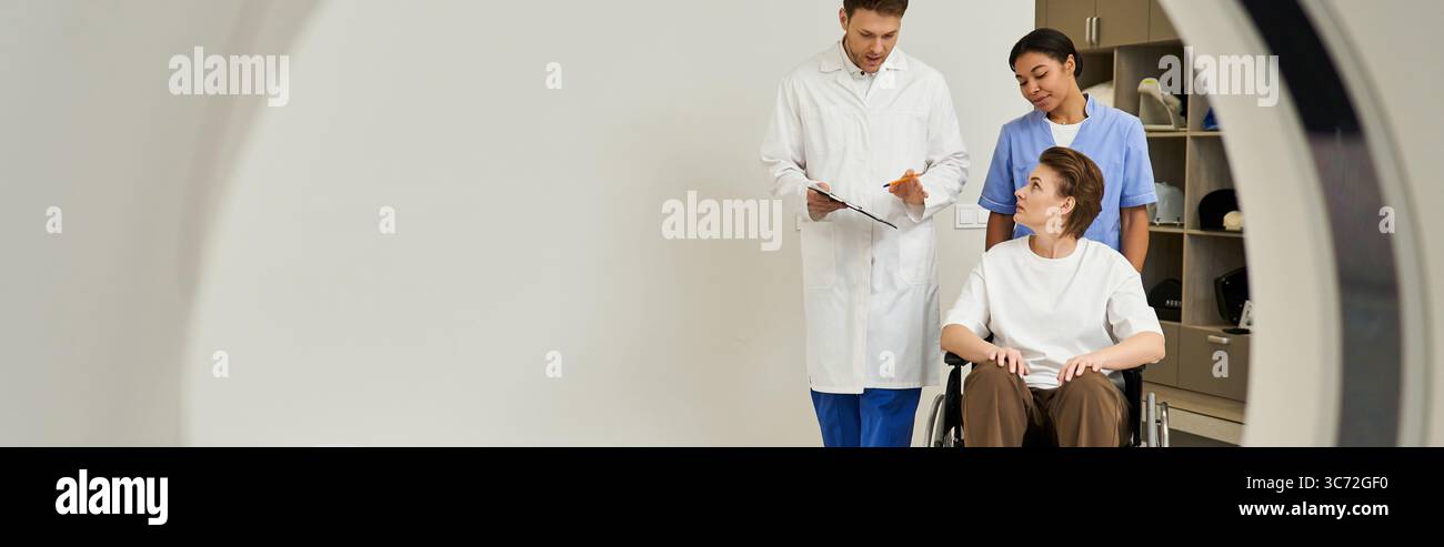 Health professionals assist a female patient in a wheelchair for an MRI ...