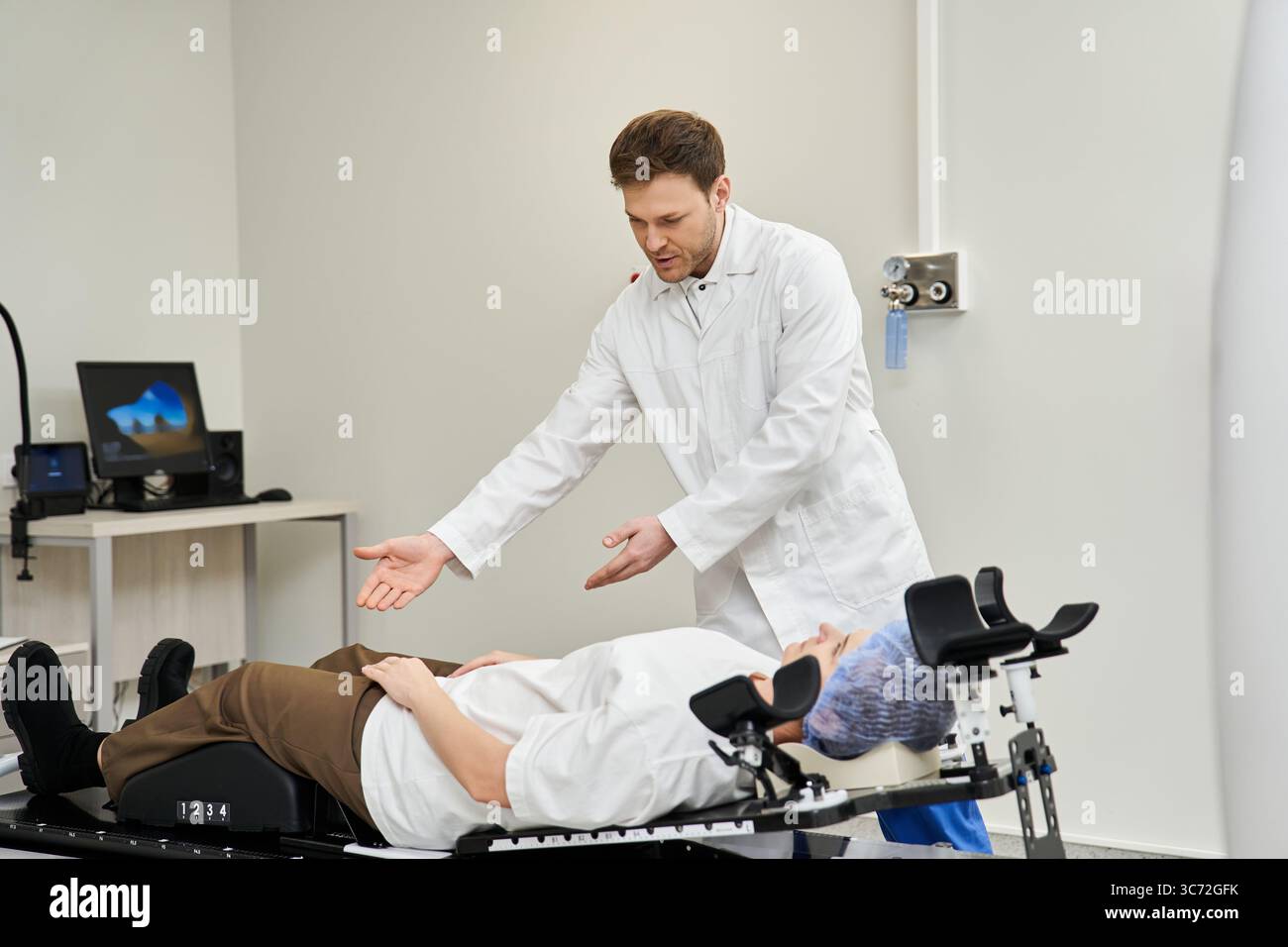 A skilled doctor explains the MRI process to a calm patient in a ...