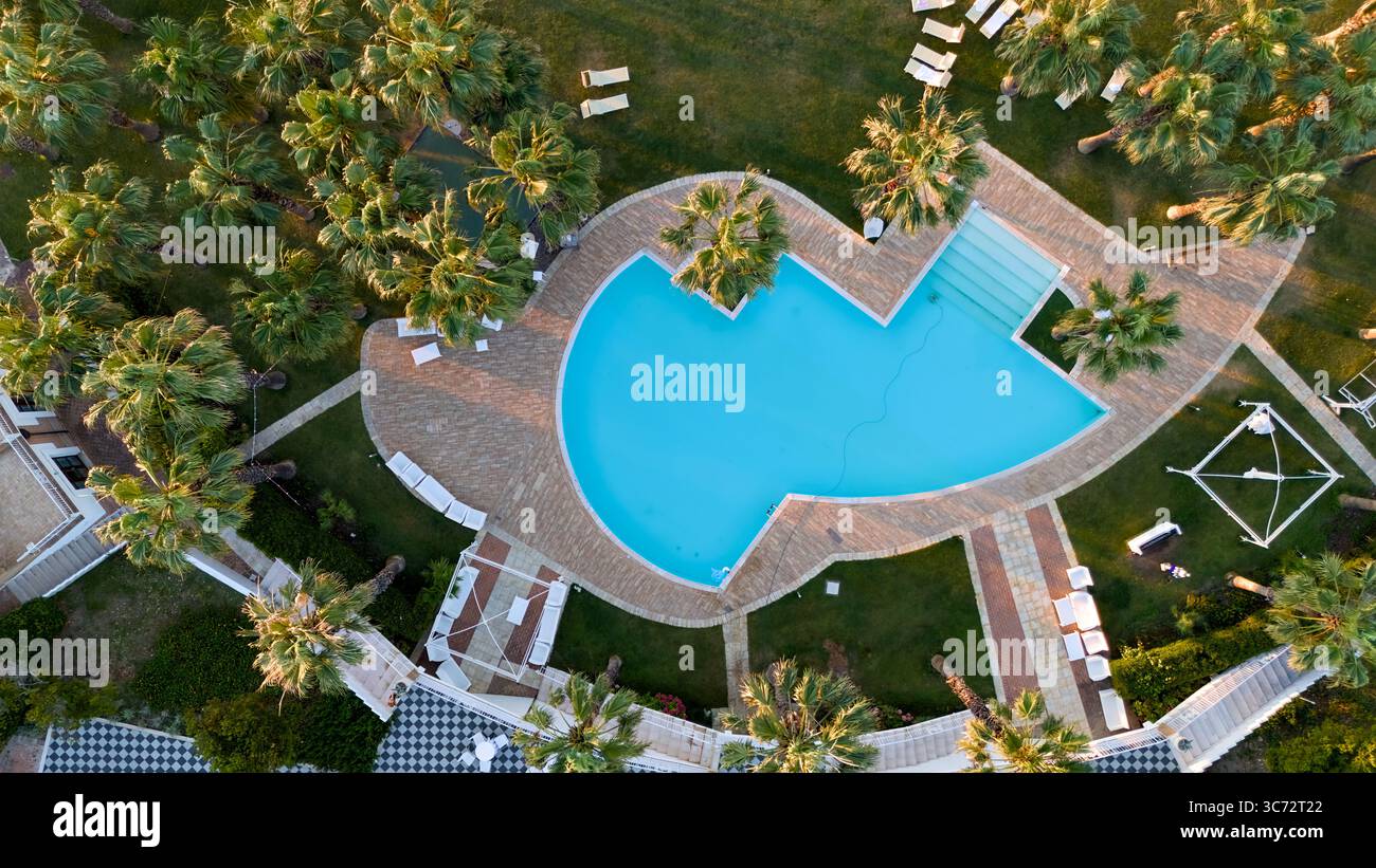 Tropical resort swimming pool with palm trees top view Stock Photo - Alamy
