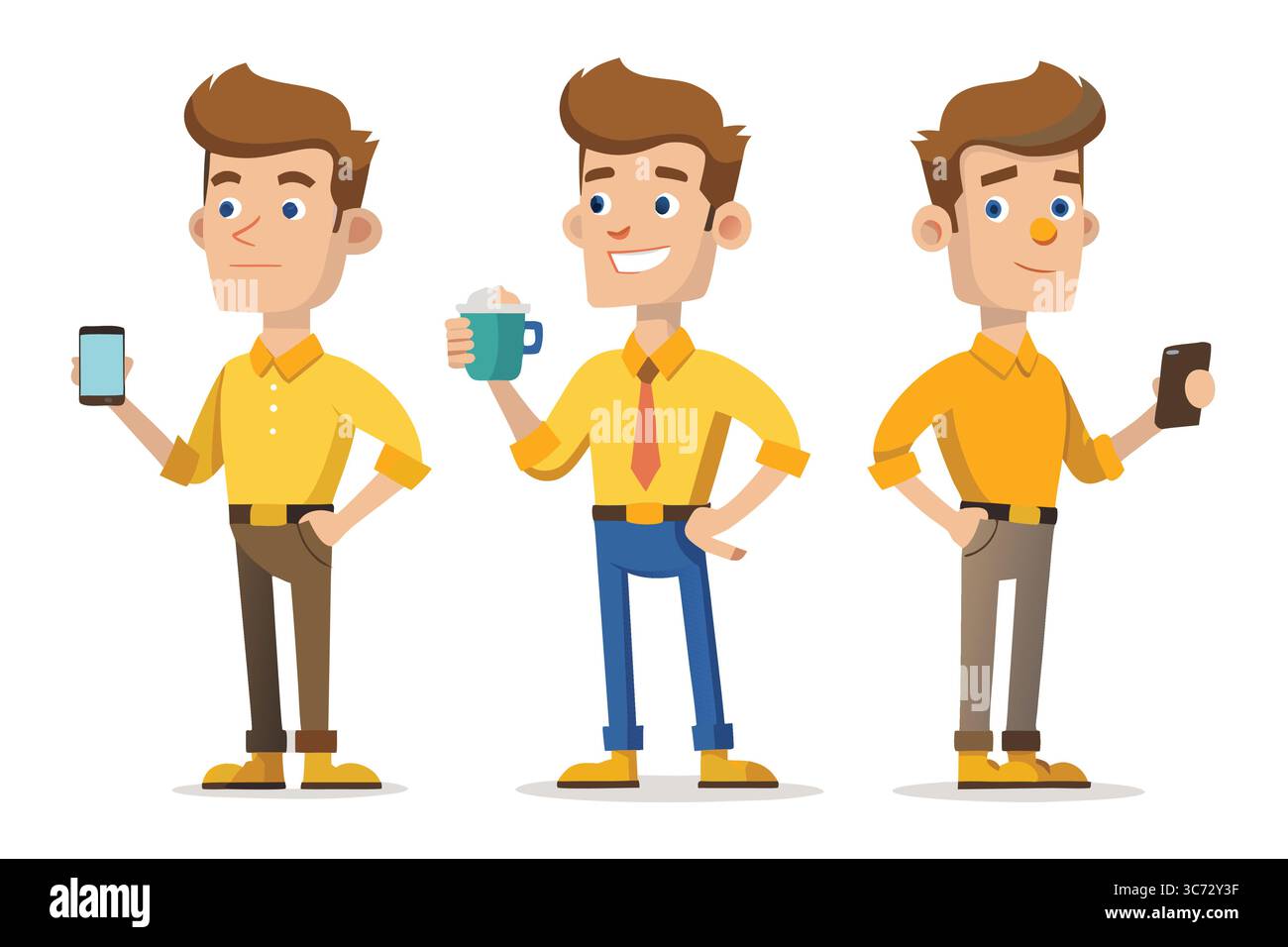 Cartoon Trio in Casual Attire Holding Smartphone and Beverage with ...