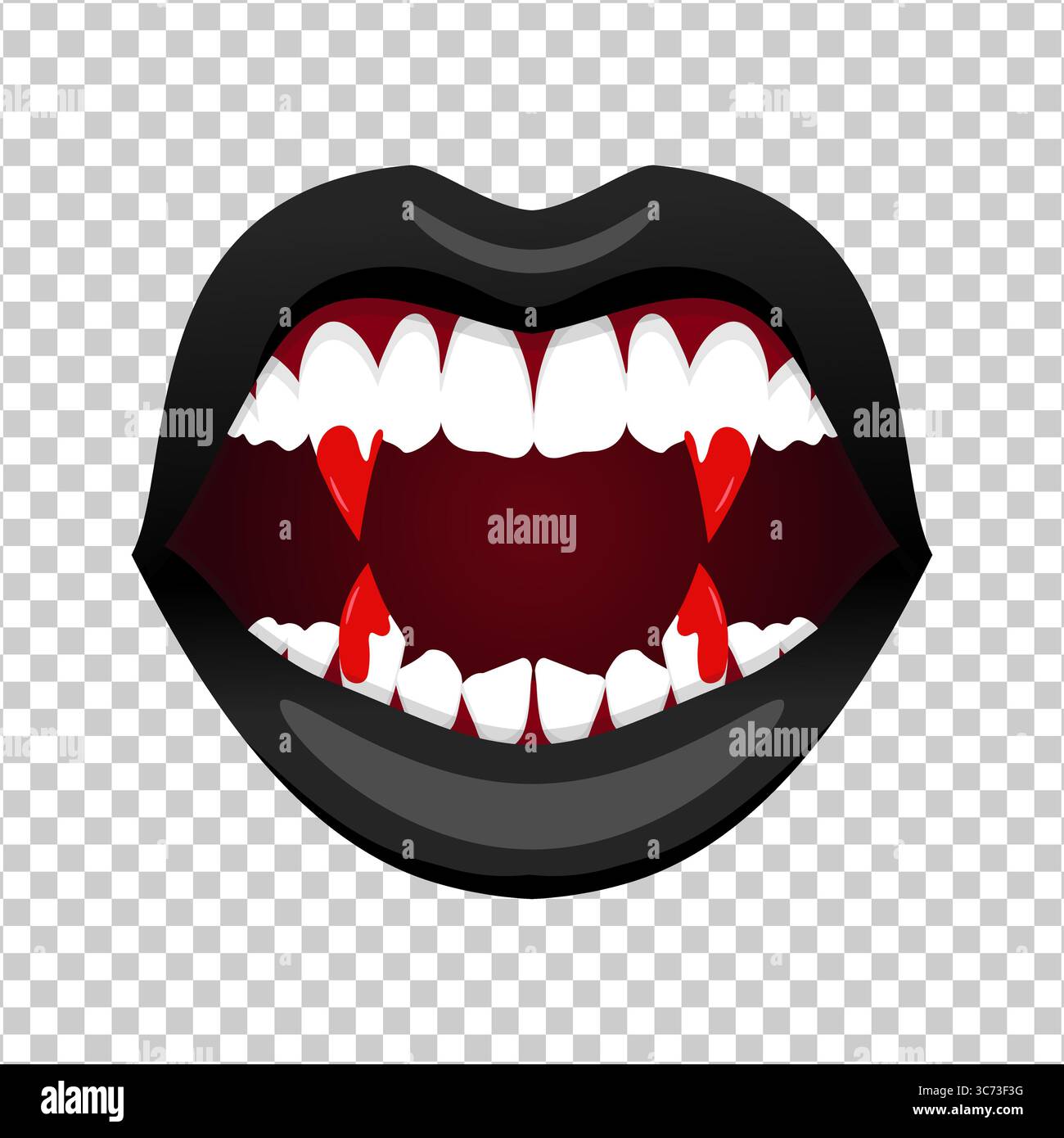 Monster woman evil lips with blood. Vampire female open mouth with long bloody fangs. Vector ...