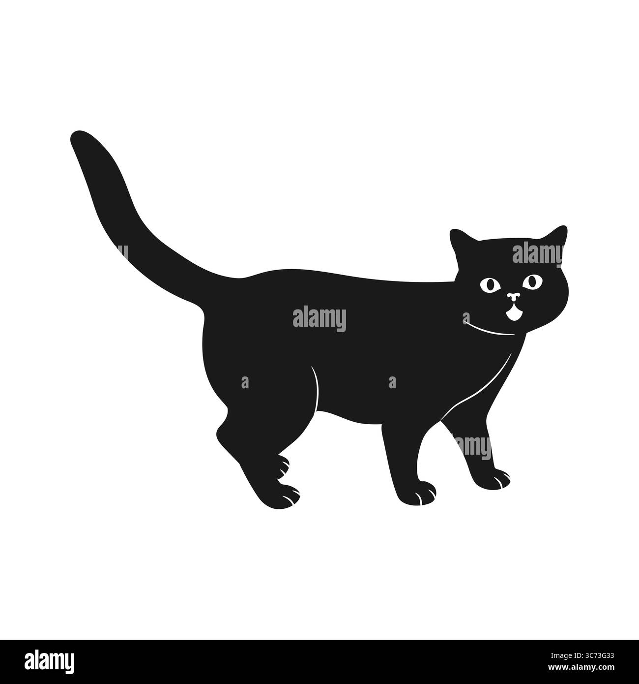 Black cat with big eyes standing and meowing isolated on white ...
