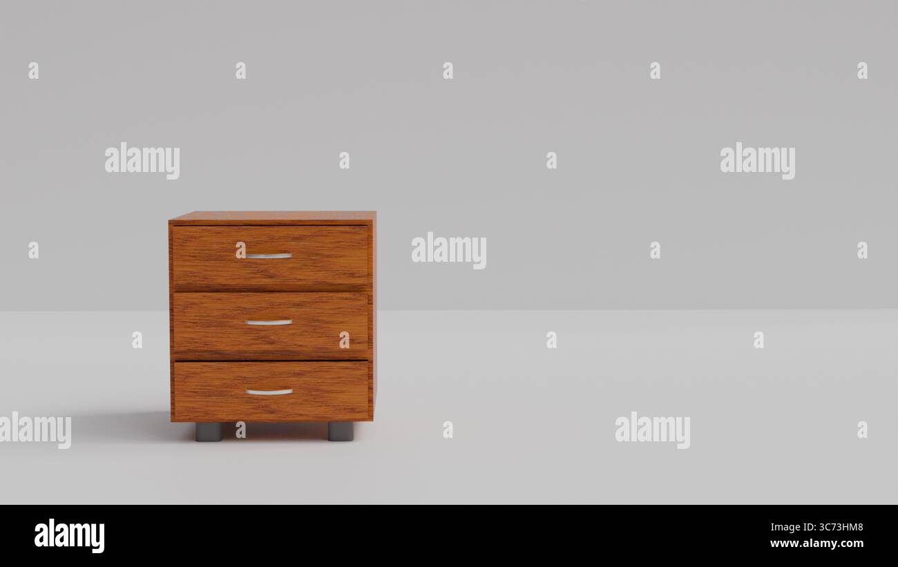 Wooden nightstand with three drawers on a gray background in the ...