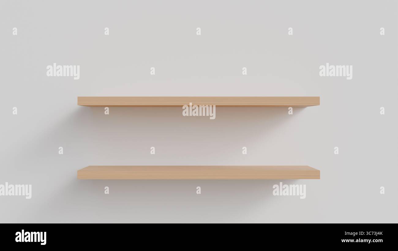 Two wooden wall shelves in the interior on a white background as a ...