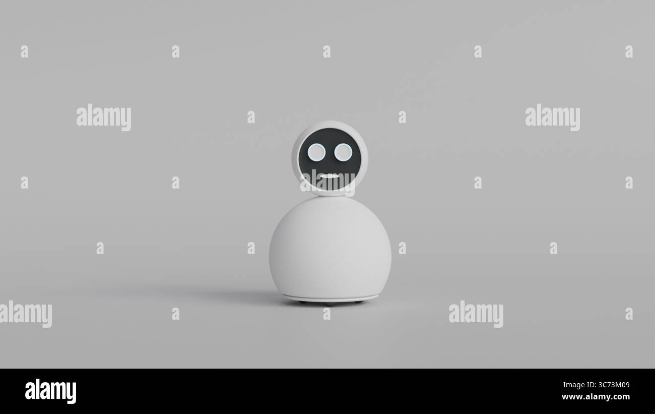 3D model of round white home assistant robot with face screen on gray ...