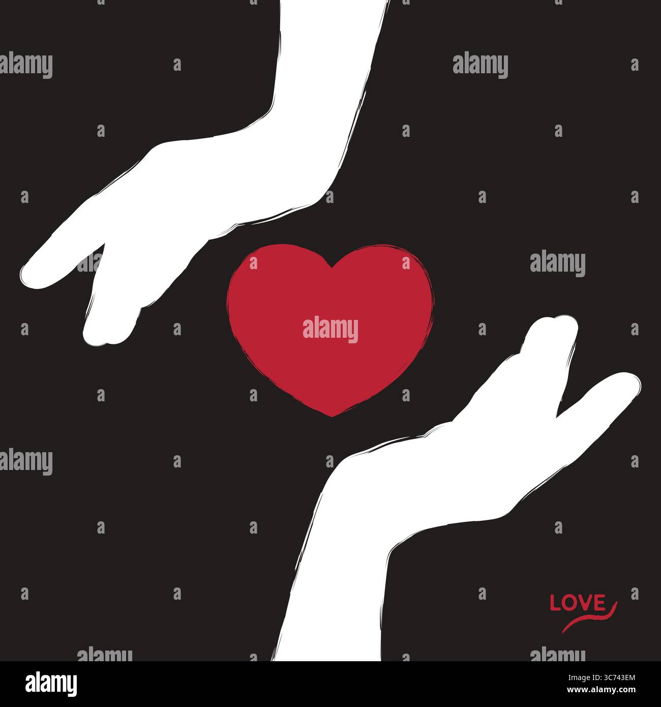 Silhouettes of human hands reaching for a heart. Minimalistic love ...