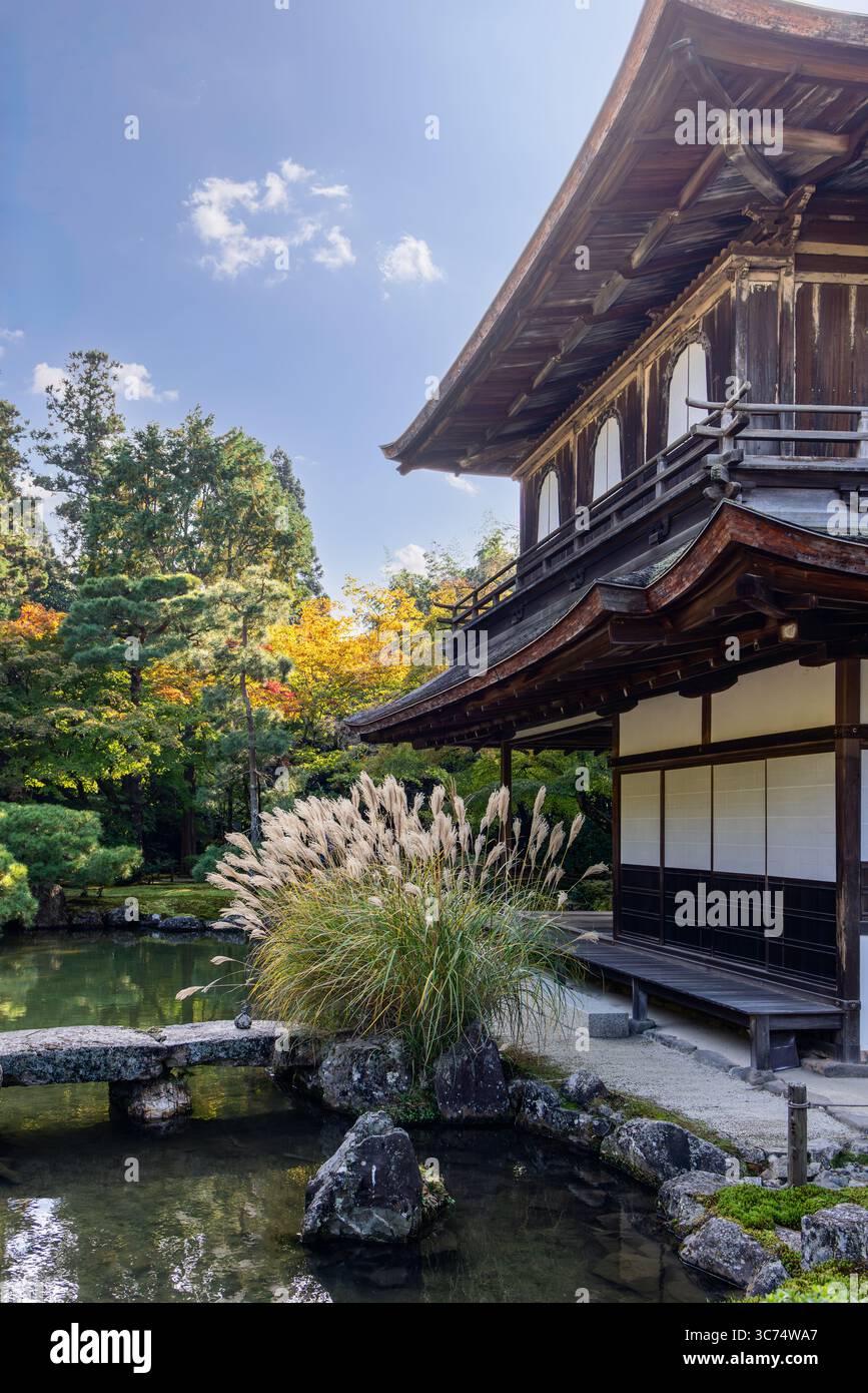 Ginkaku-ji temple building in Kyoto, Japan, seen from garden pond with ...