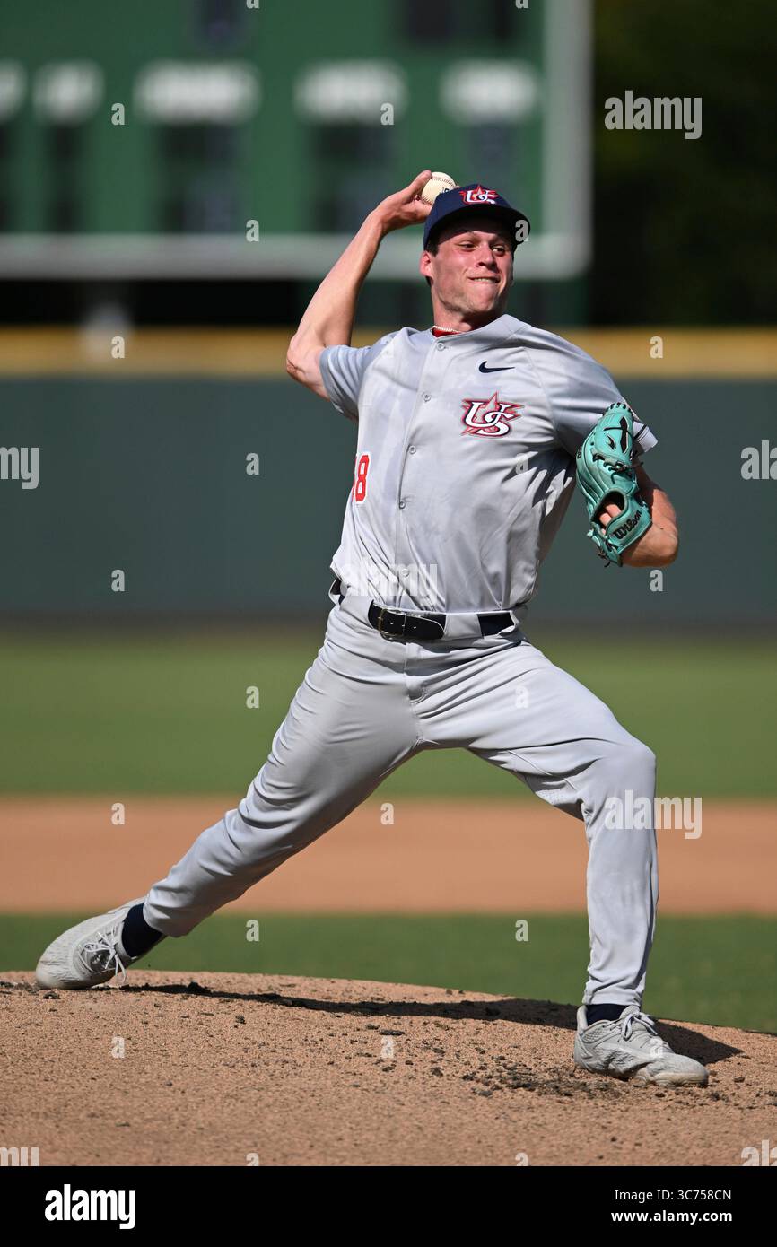 Team Stripes pitcher Cam Bagwell (18) (Wake Forest) delivers a pitch ...