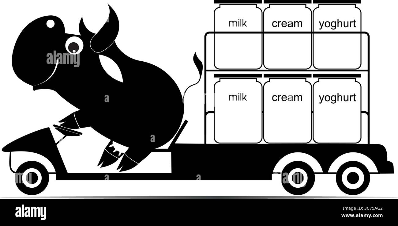 Funny cow drives a truck with dairy products. Cartoon comic cow with a ...
