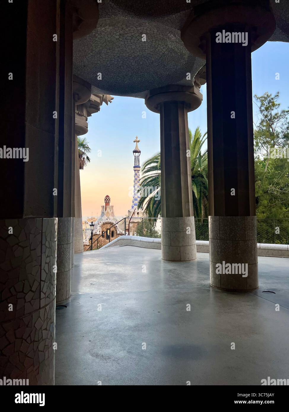 View from inside the Hypostyle Hall in Park Güell, showing Gaudí’s ...