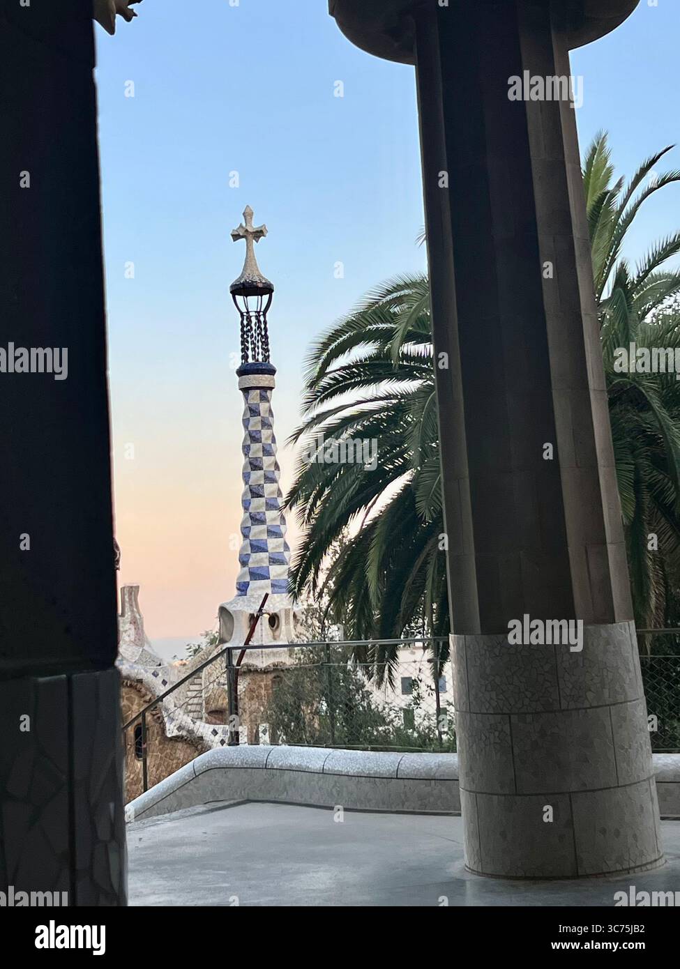 View from inside the Hypostyle Hall in Park Güell, showing Gaudí’s ...