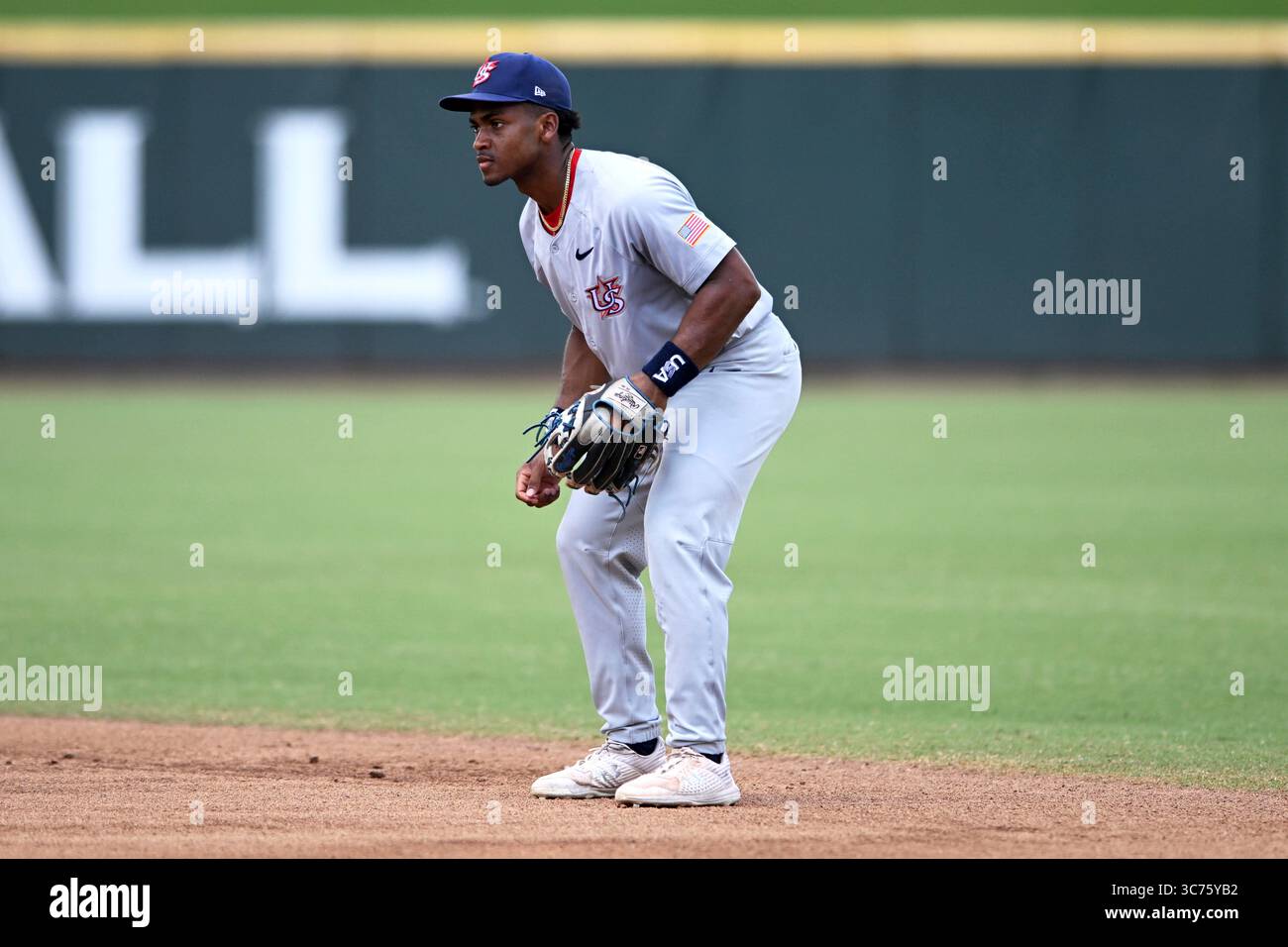 Chris Rembert (2) (Auburn) of Team Stripes in a defensive stance during ...